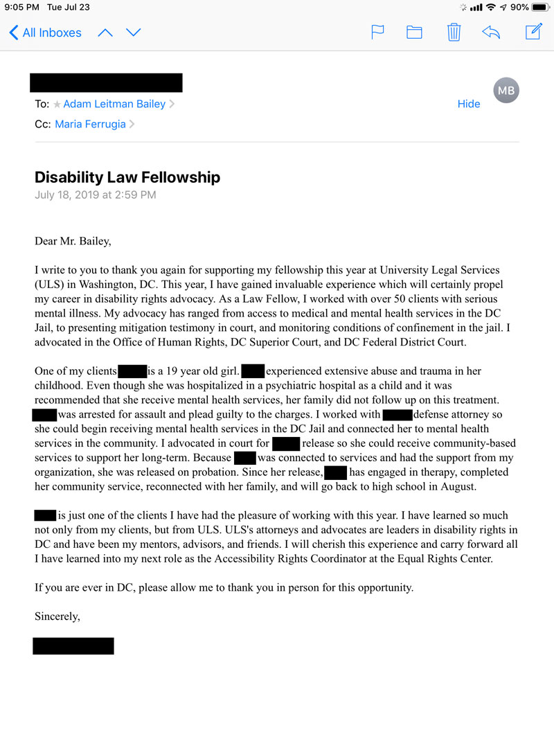 "Thank you again for supporting my fellowship this year at University ...